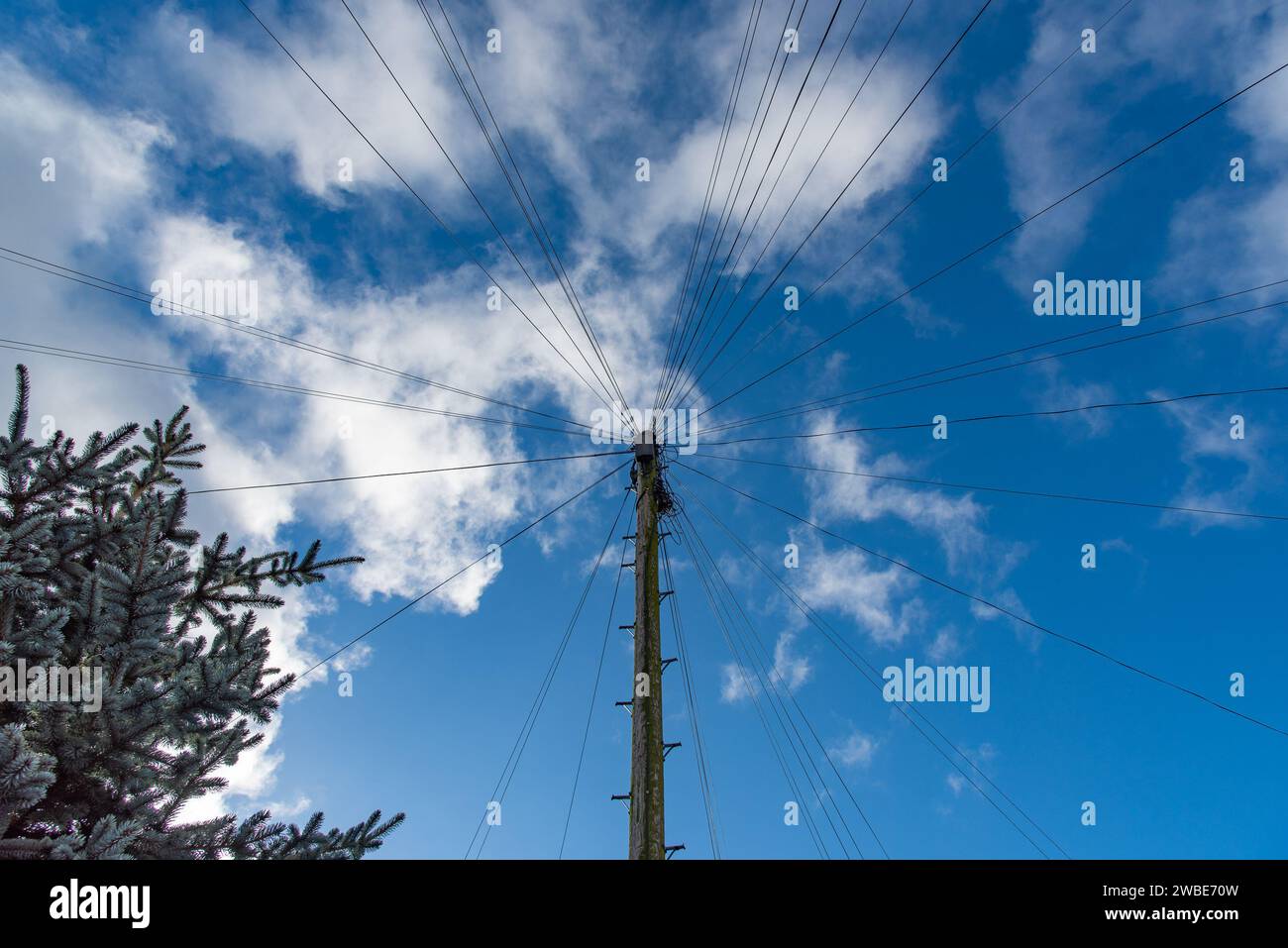 Telegraph pole with telephone wires, Ribchester, Lancashire, UK Stock ...