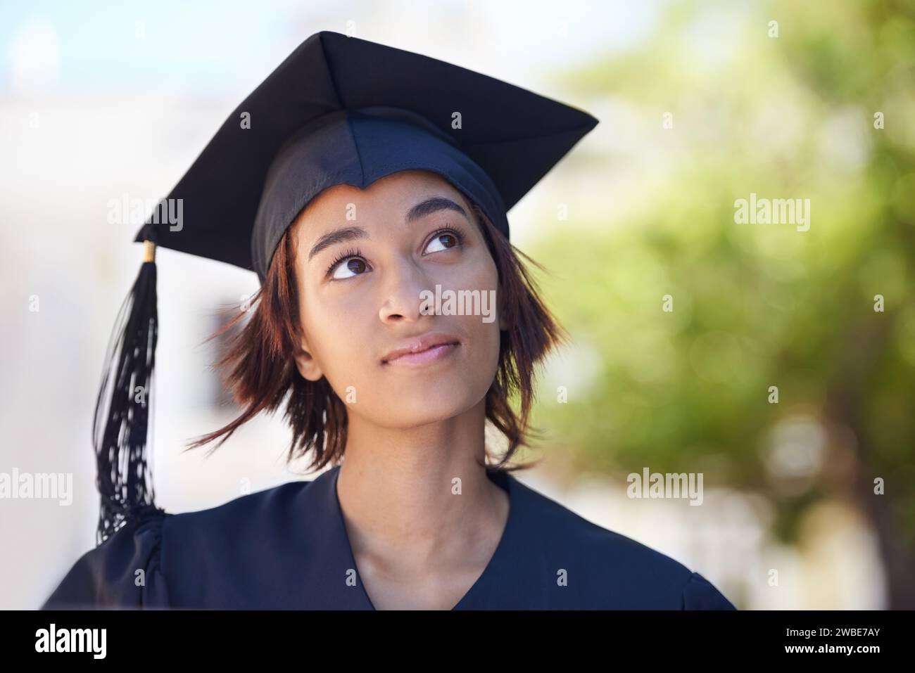 University graduation, woman and thinking outdoor of education, future ...
