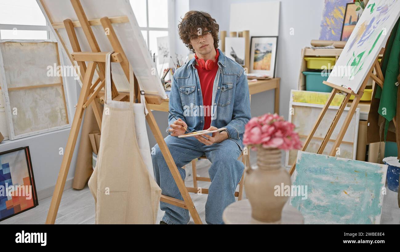 Curly haired young man sketching hi-res stock photography and images ...