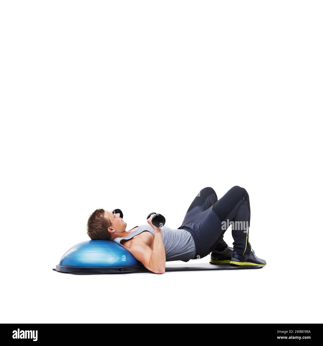 Fitness, half ball or athlete in dumbbell workout performance for ...