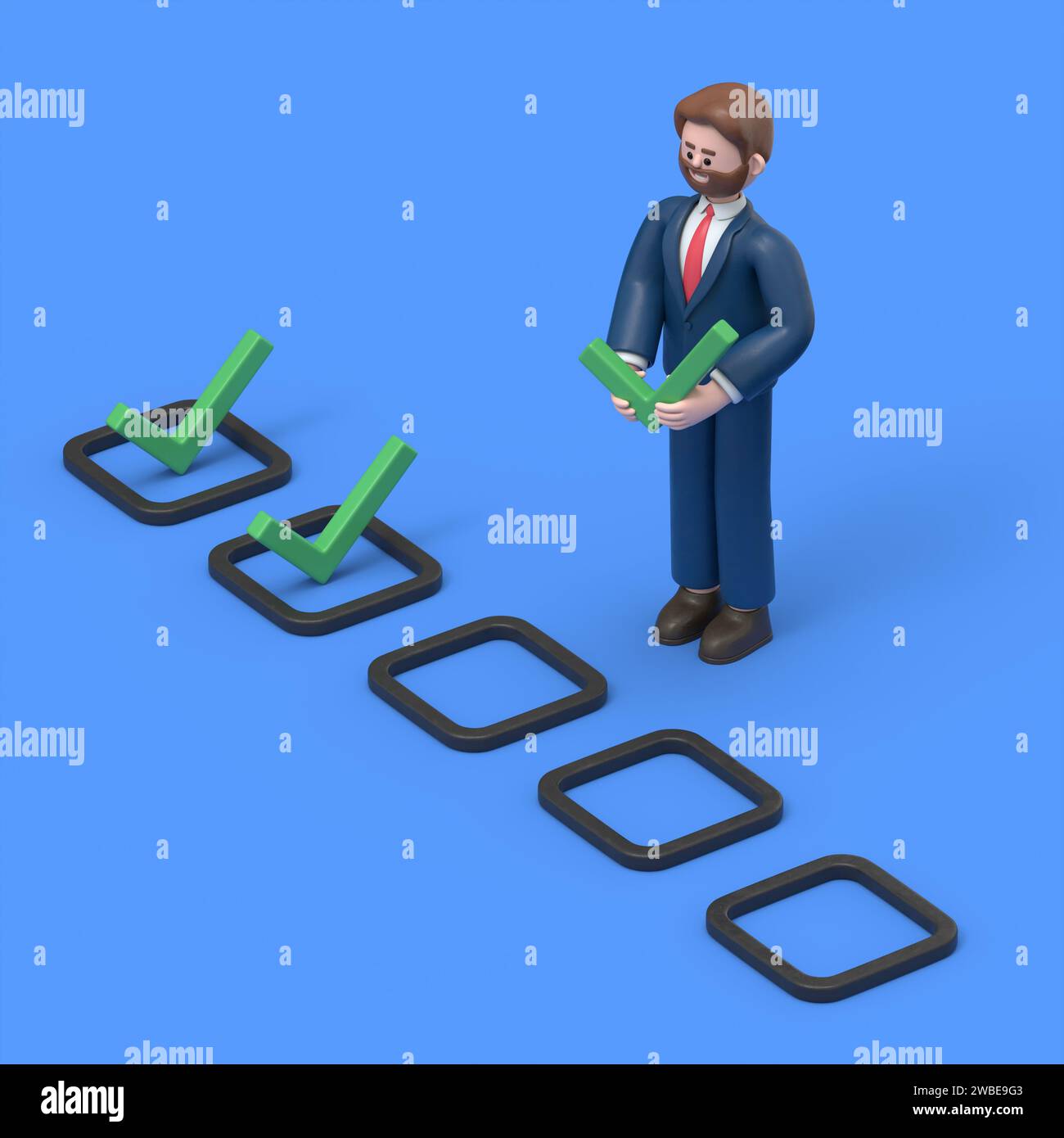 3D illustration of Asian man Felix putting check mark in the box ...