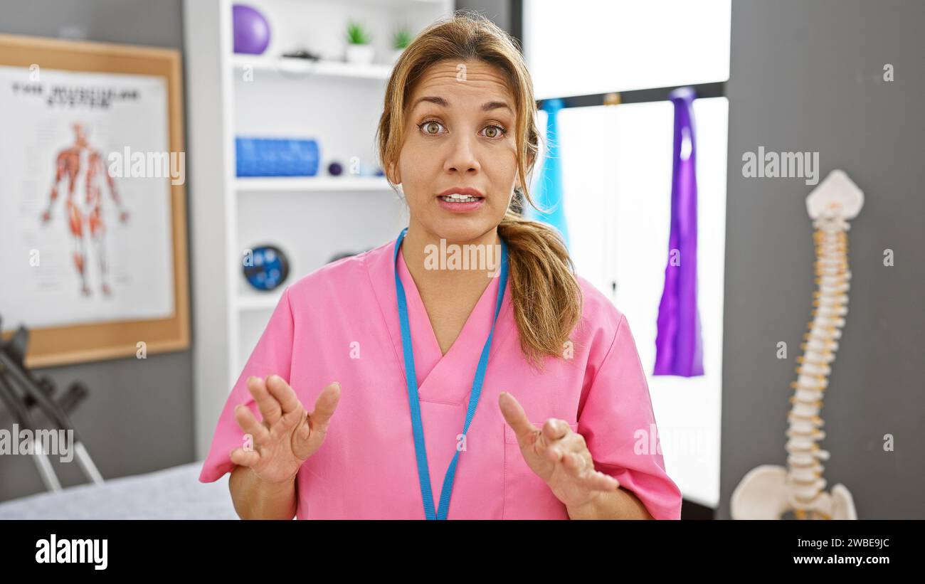 Hispanic woman medical professional speaking in a clinic interior ...