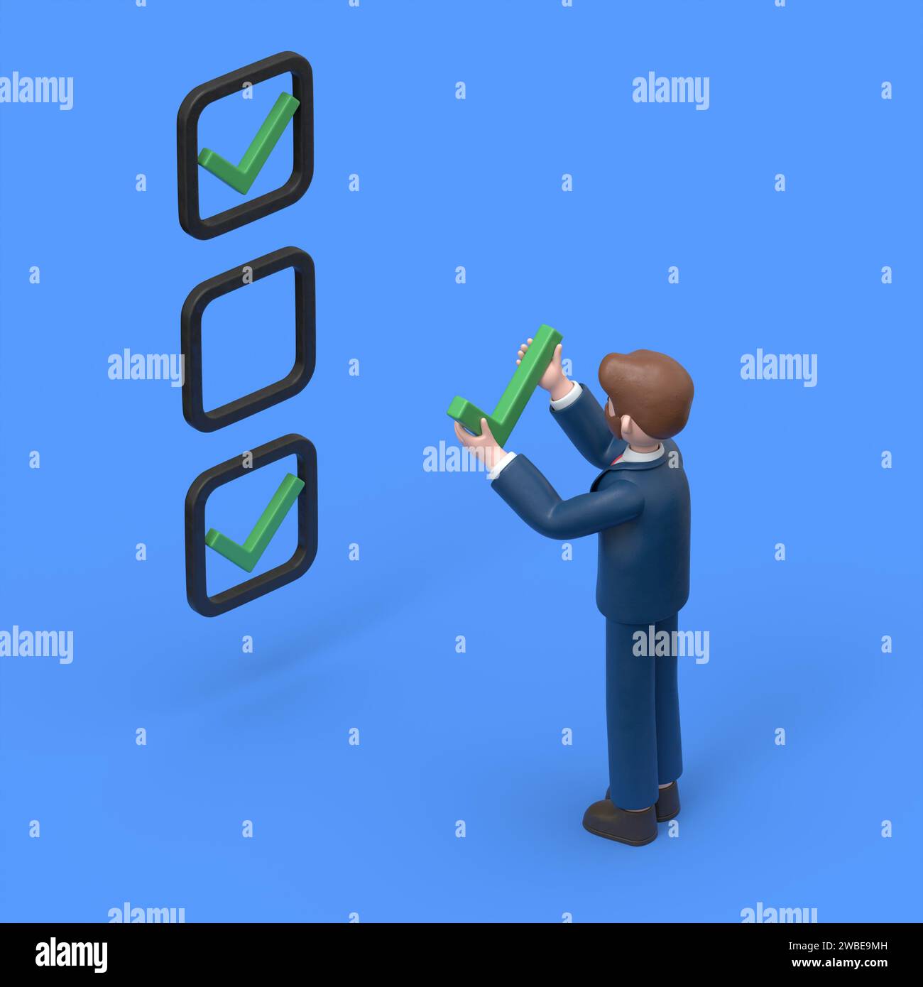 3D illustration of Asian man Felix putting check mark in the box ...