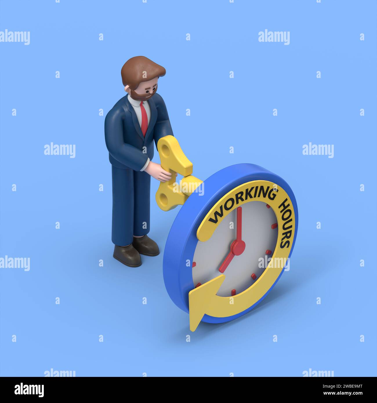 3D illustration of Asian man Felix winds the clock with a key.3D ...