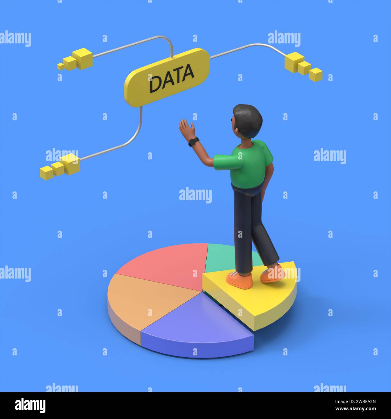 3D illustration of Asian man Felix stands on a slice of chart pie and ...