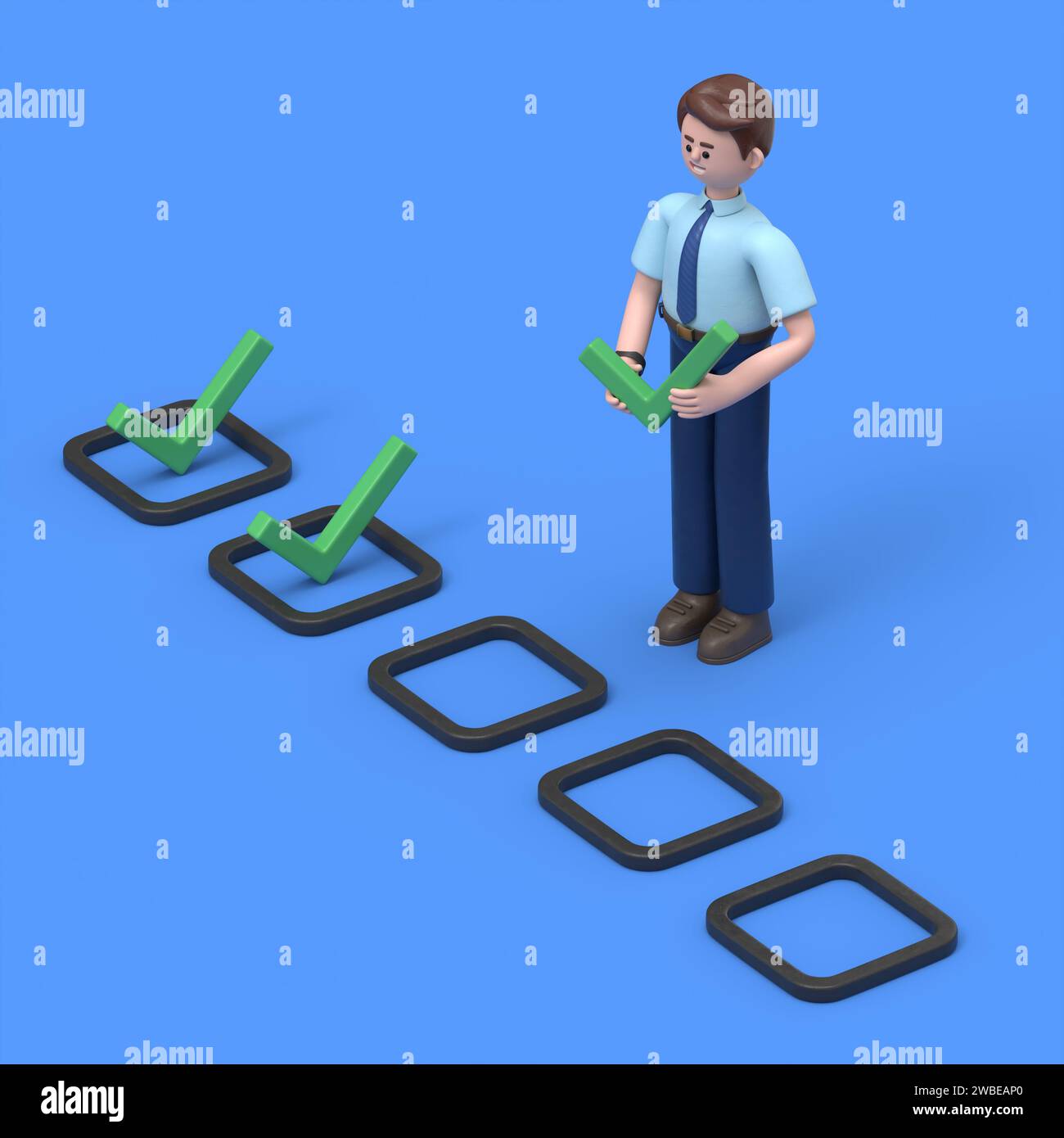 3D illustration of Asian man Felix putting check mark in the box ...
