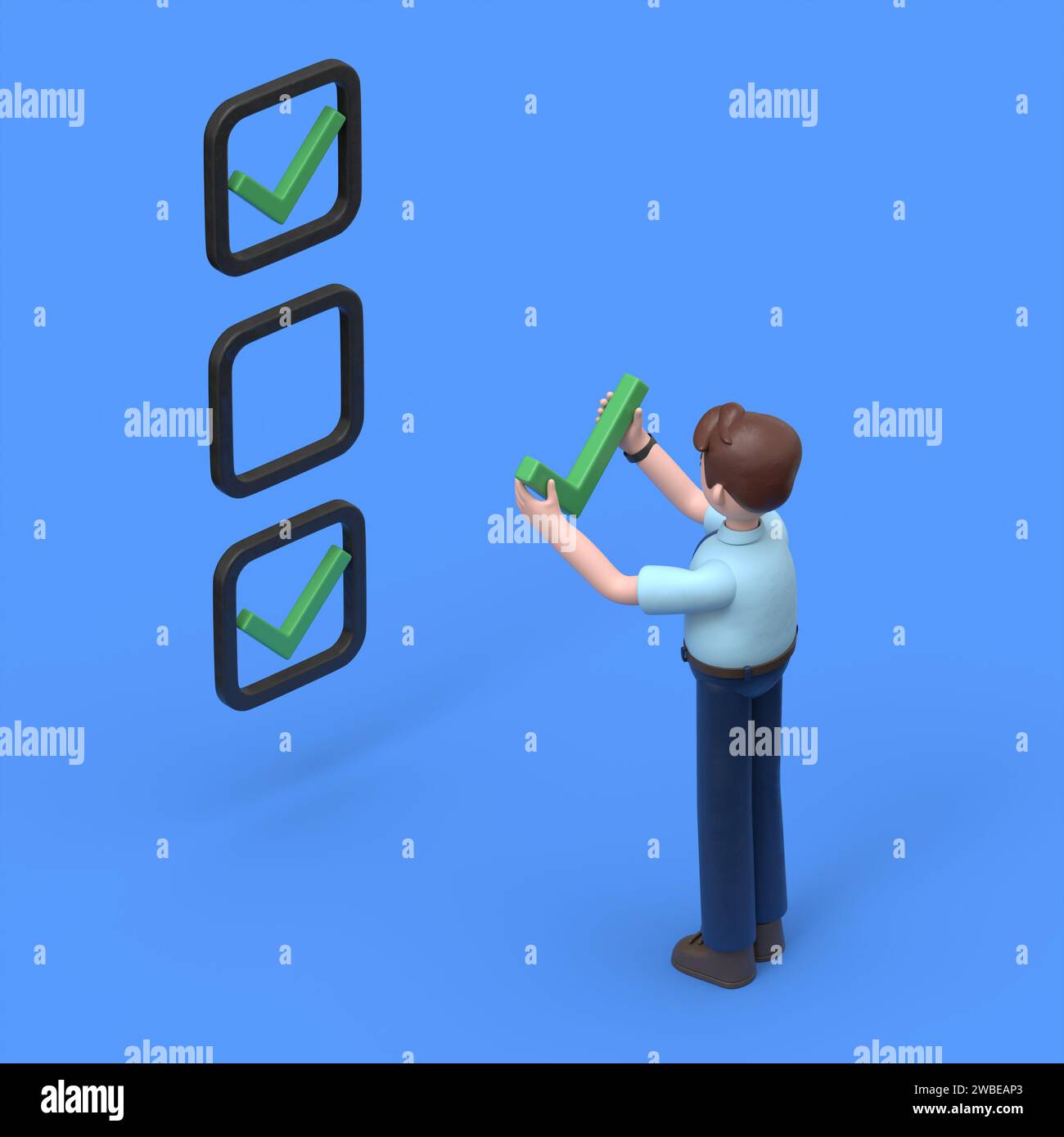 3D illustration of Asian man Felix putting check mark in the box ...