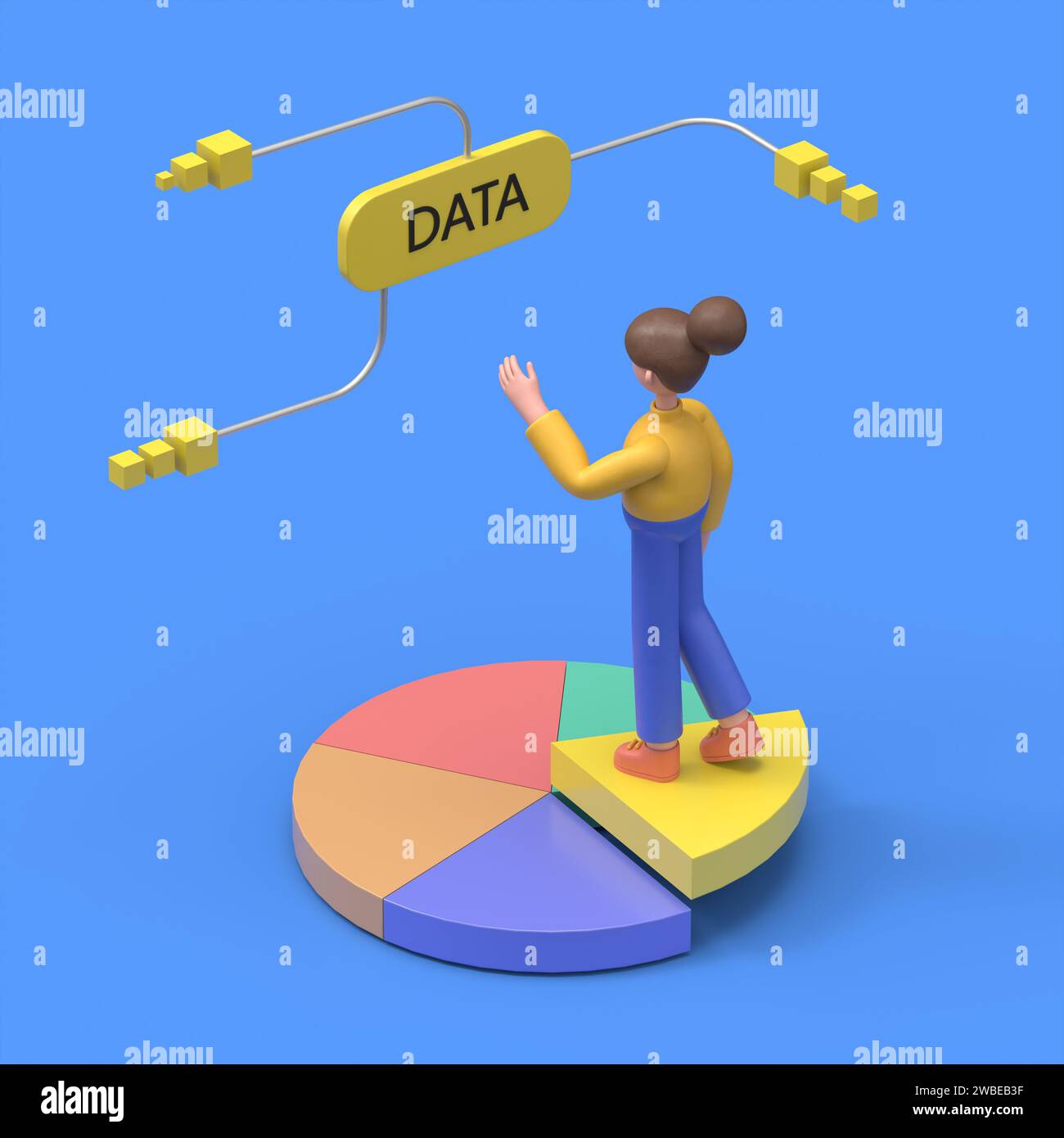 3d Illustration Of Asian Man Felix Stands On A Slice Of Chart Pie And