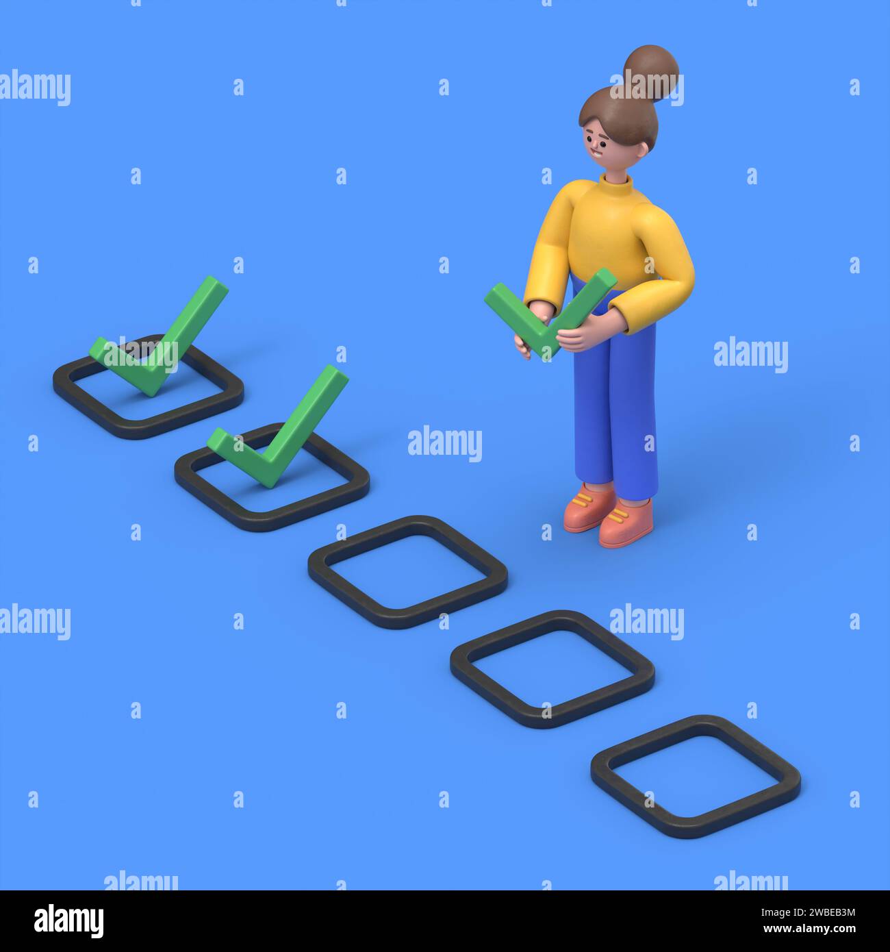 3D illustration of Asian man Felix putting check mark in the box ...