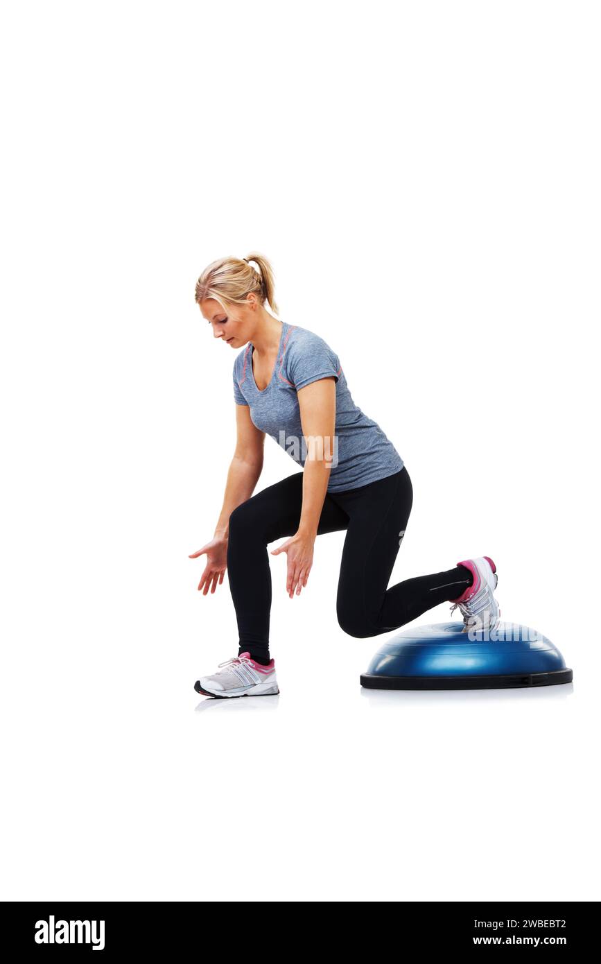 Training, half ball and woman doing lunge for wellness, studio workout ...