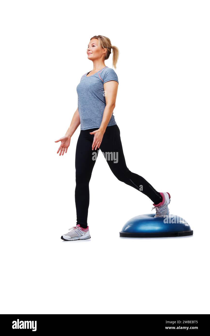 Training, half ball or woman doing studio exercise, balance performance ...