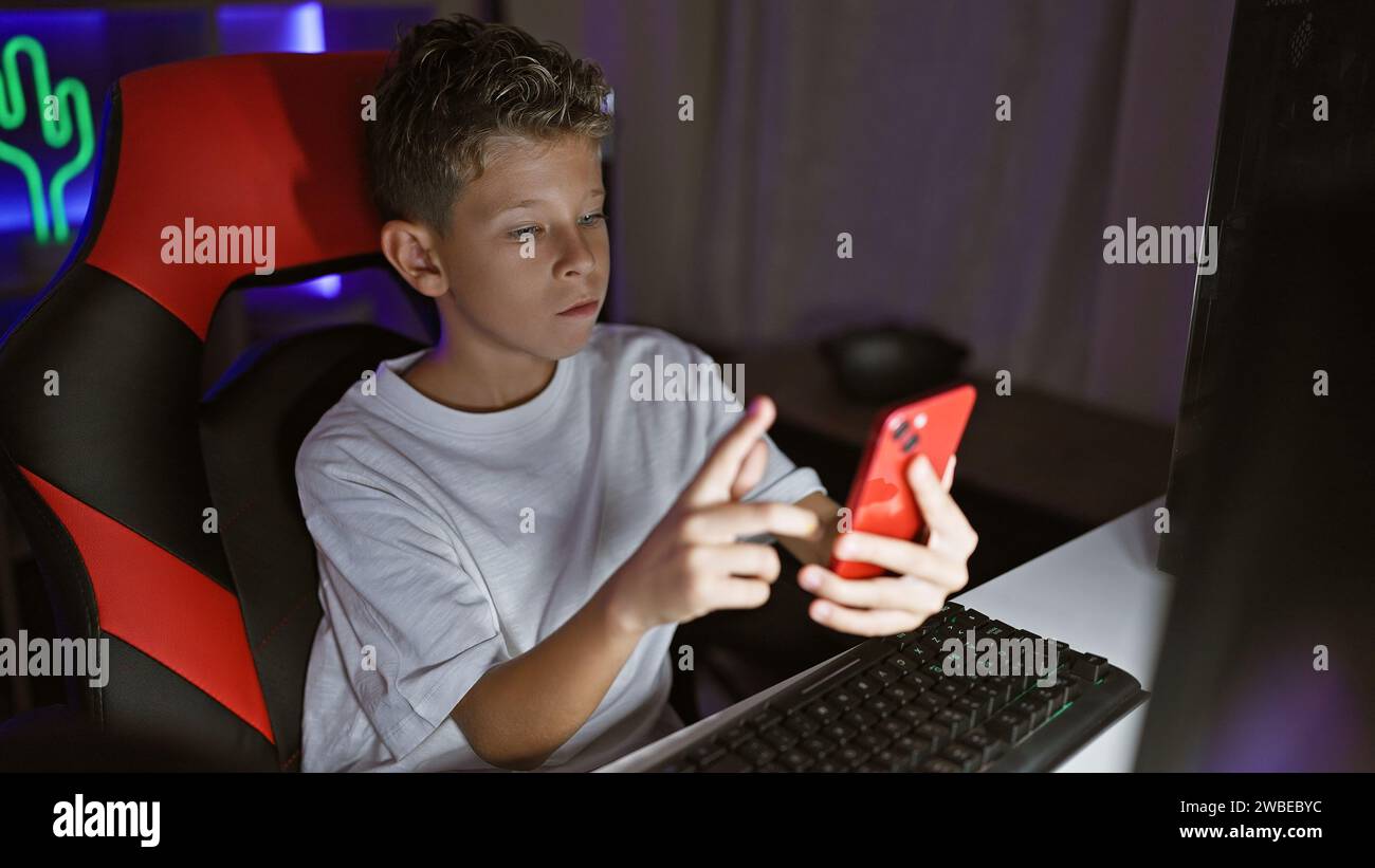 Adorable blond kid streamer, concentrated on gaming in a dark, neon-lit ...