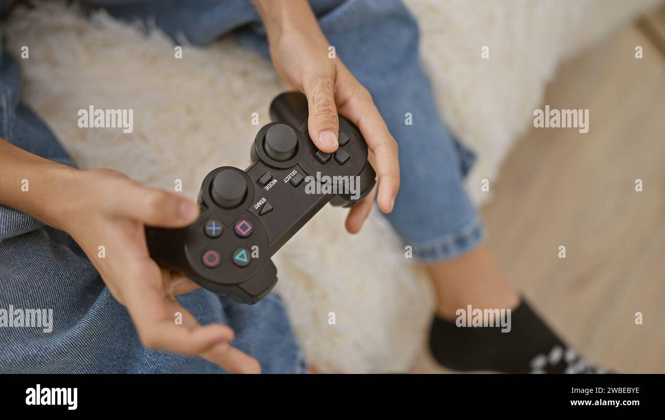 Adorable caucasian child caught in comfort of home; kid's hands ...