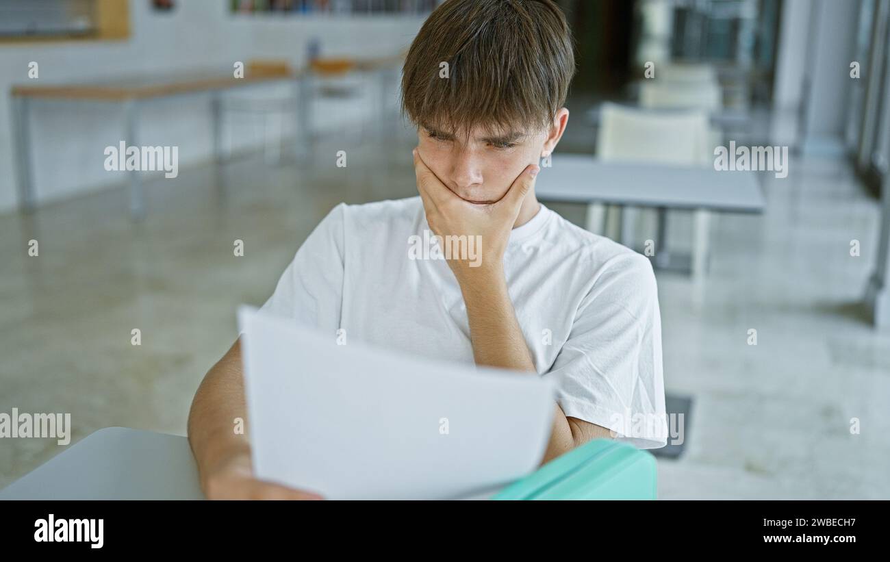 Surprised teenage boy reading paper in a university library Stock Photo ...