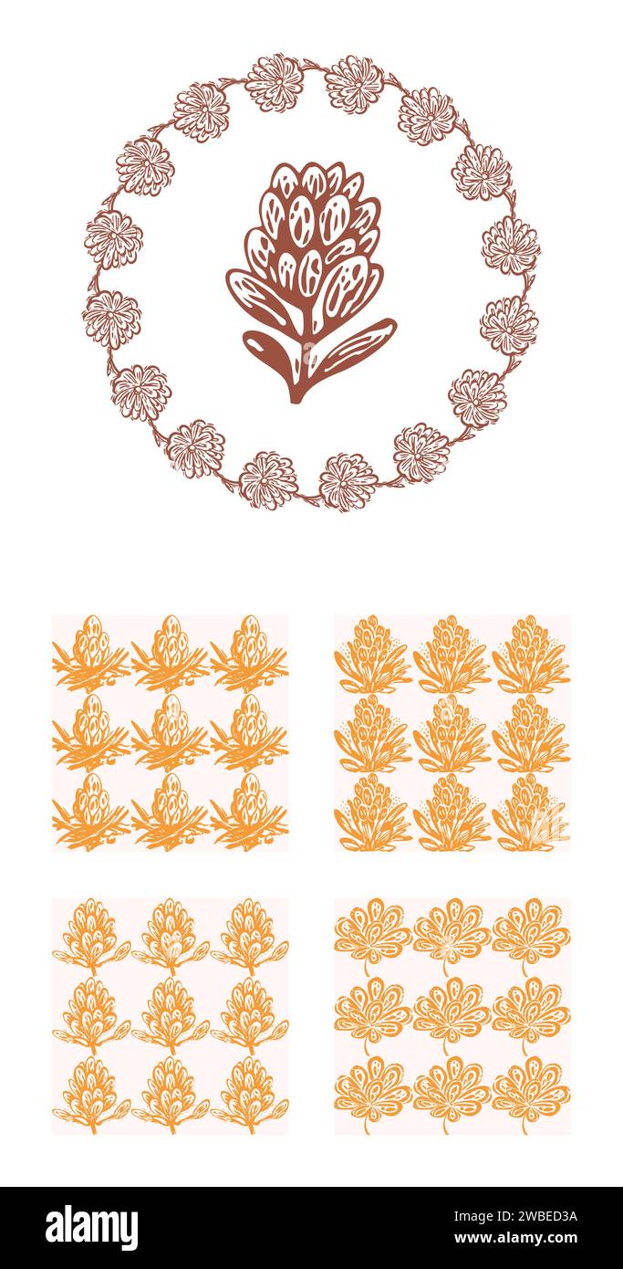 Block print rustic floral folkart motif and patten set. Vector quirky ...