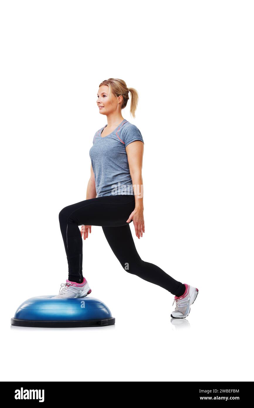 Training, half ball and woman doing lunge for coordination, physical ...