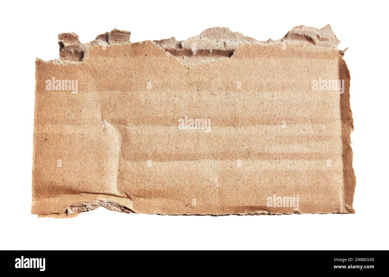 One ripped piece of cardboard material over isolated white background ...