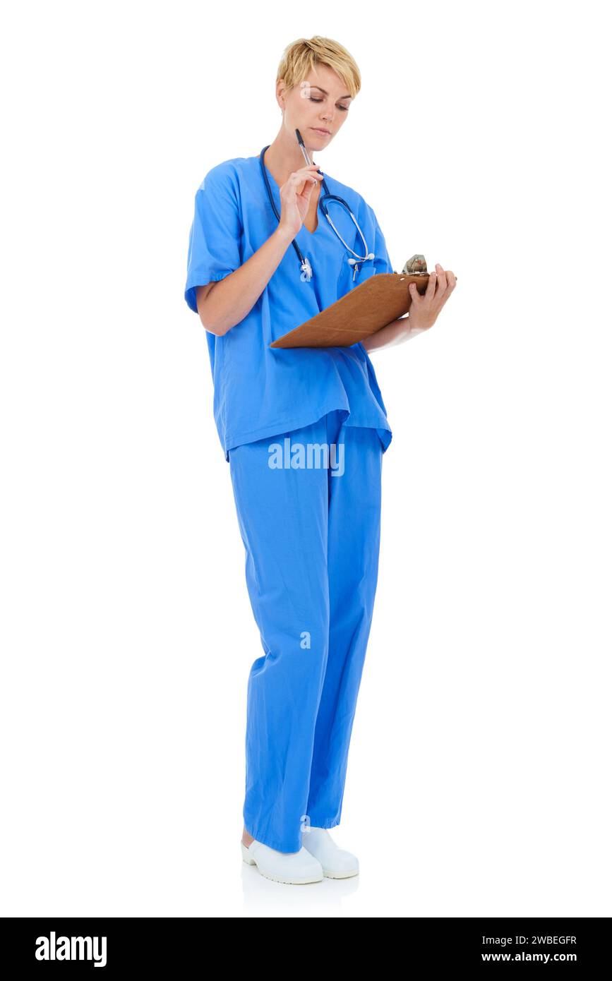 Woman, doctor and clipboard for thinking on healthcare in studio ...