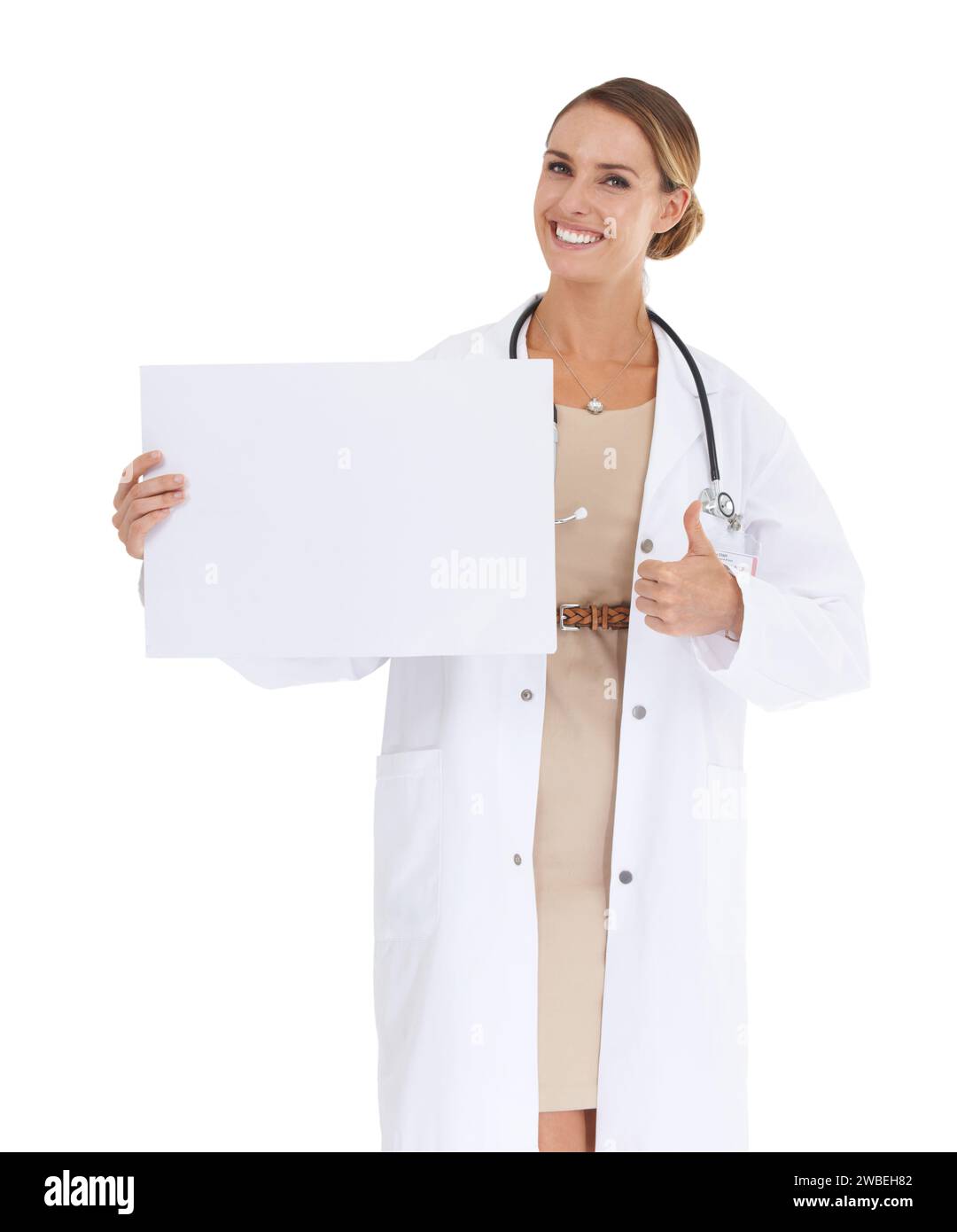Doctor, thumbs up and poster mockup in studio for medical information ...