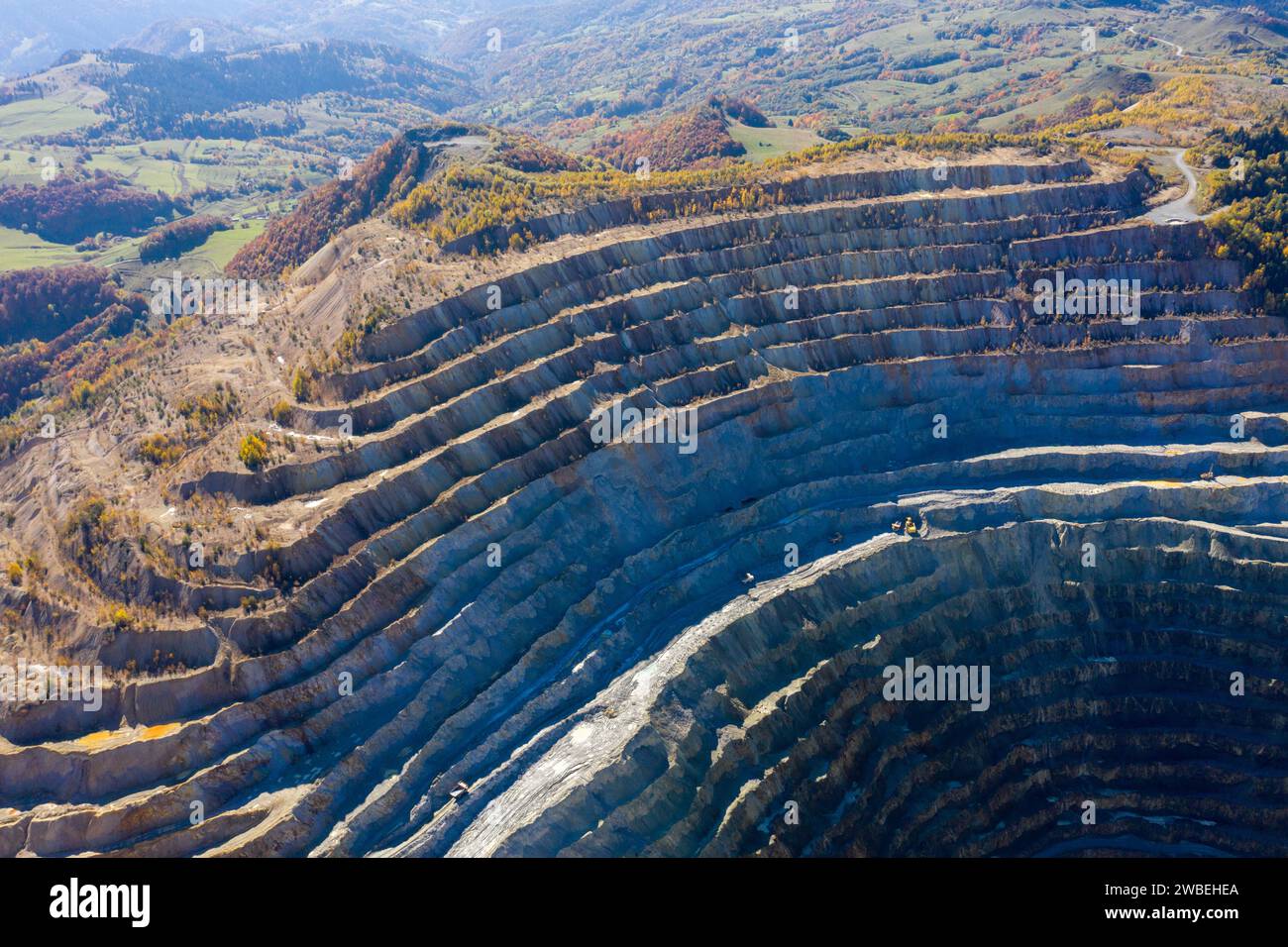 Aerial drone view of Rosia Poieni open pit copper mine, Romania Stock ...