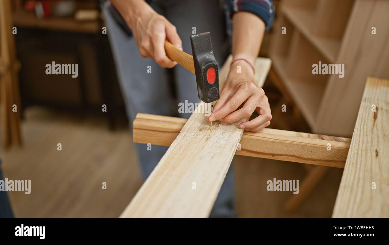 Two skilled carpenters, a dynamic duo, driving a nail into a wood plank ...
