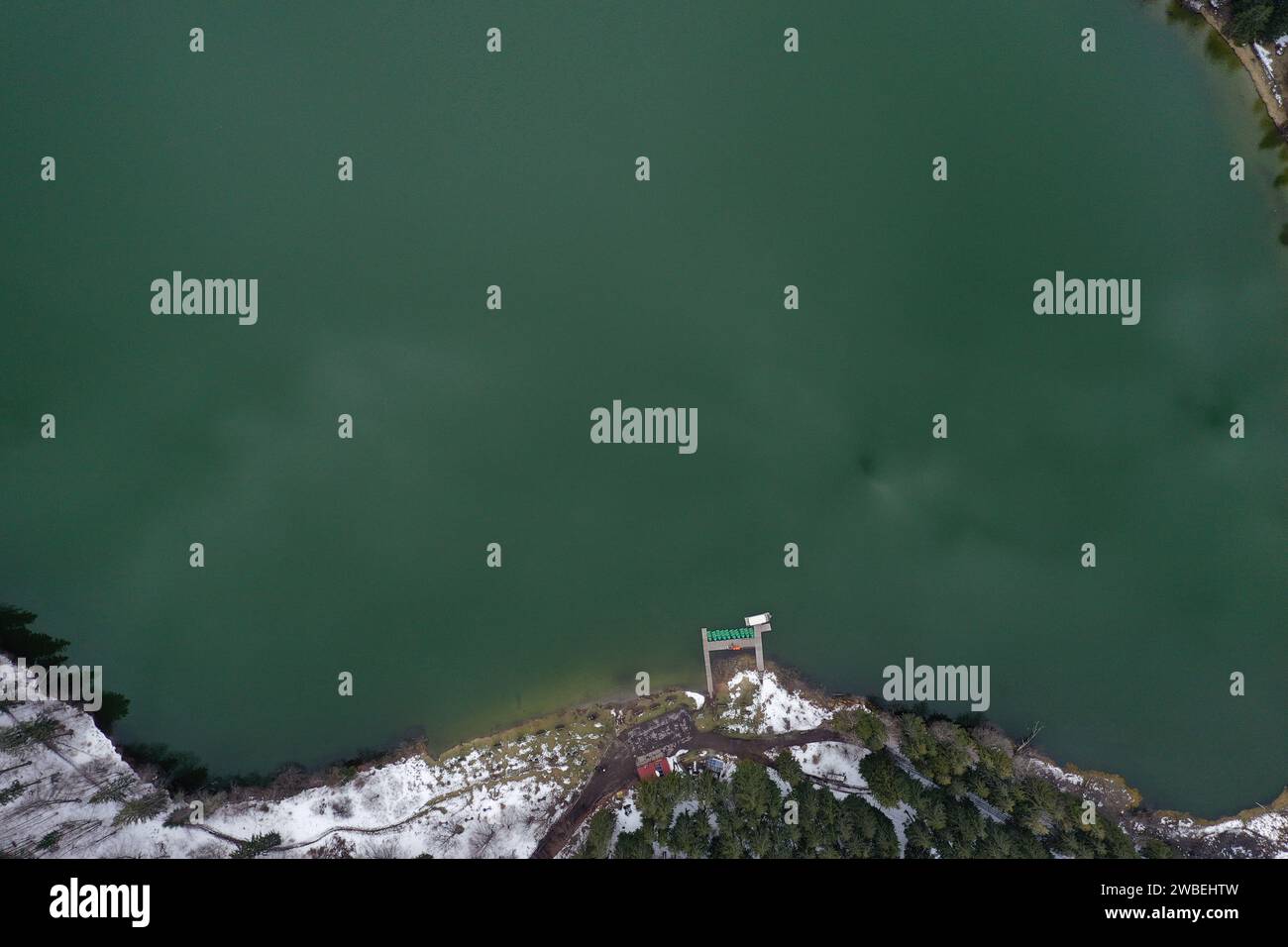 Aerial drone view of a lake boat dock. Flying above a vessel pier Stock ...