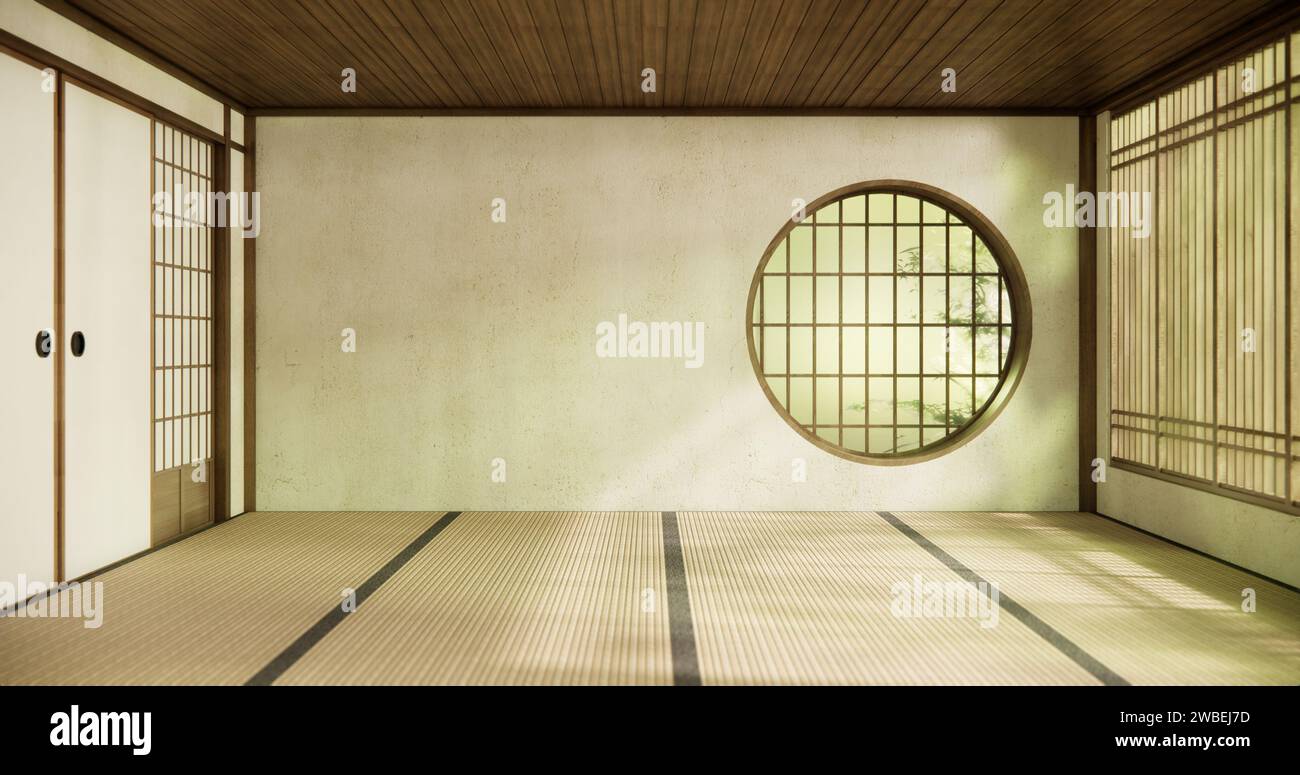 Circle window japan style on Empty room minimalist room interior Stock ...
