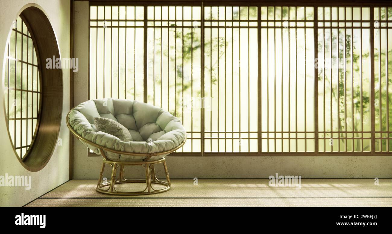 Circle window japan style on Empty room minimalist room interior Stock ...