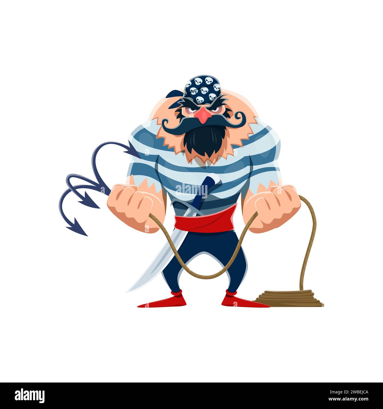Cartoon pirate sailor character with a menacing bearded face brandishes a grappling hook, ready ...