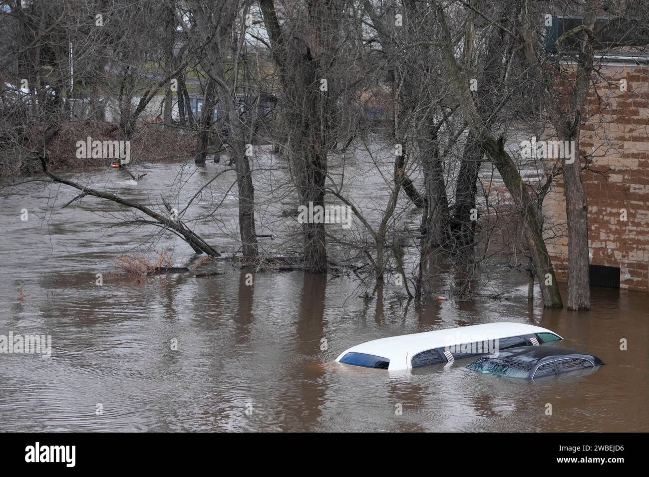 Cars are submerged in an area near the Saddle River in Lodi, N.J ...