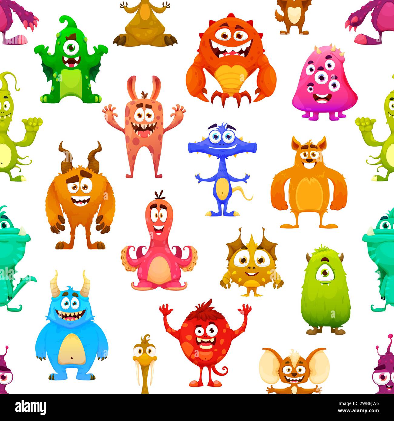 Cartoon monster characters seamless pattern, vector background with ...