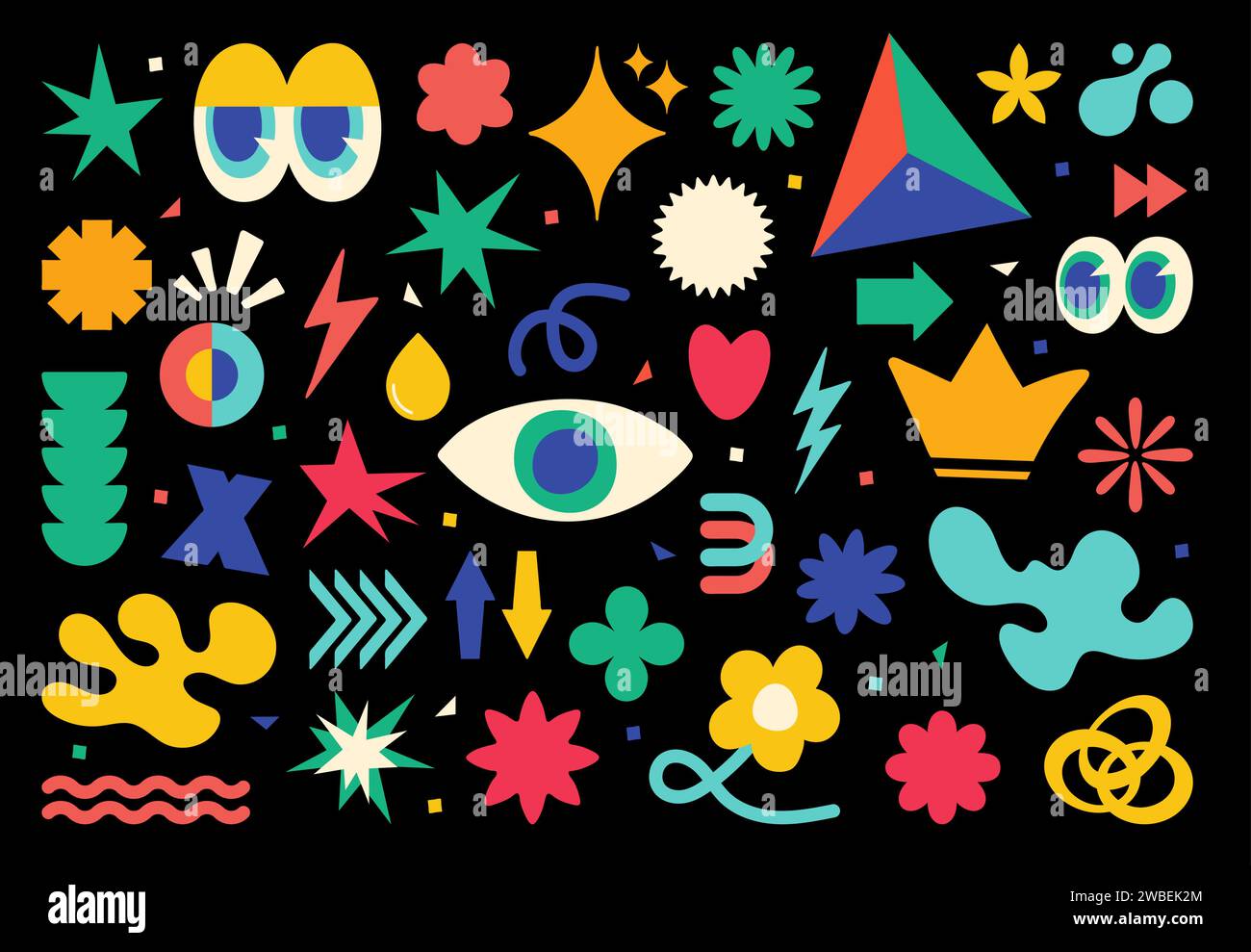 Groovy shapes and retro geometric abstract cartoon icons of 90s art ...