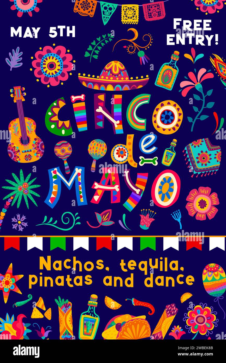Cinco de Mayo holiday party flyer with fiesta carnival vector pattern ...