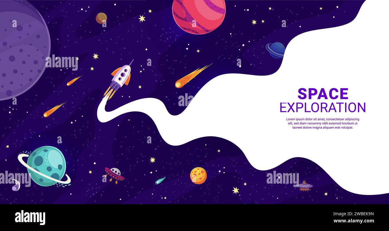 Cartoon spaceship and UFO with chemtrails in starry galaxy, space ...