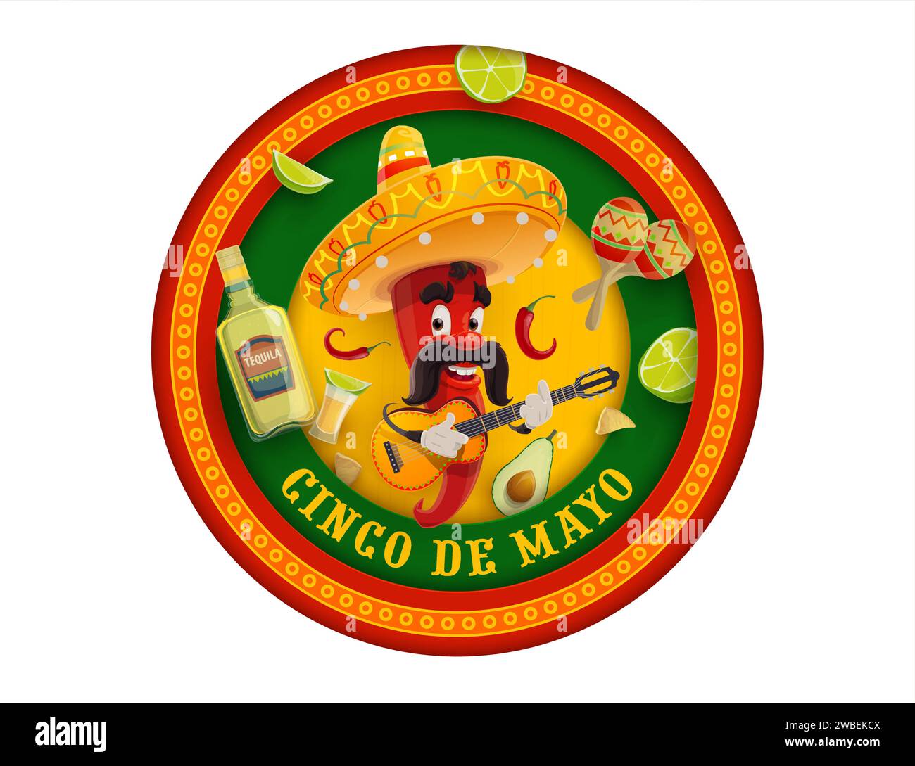 Cinco de Mayo mexican holiday round paper cut banner. Cartoon mariachi ...