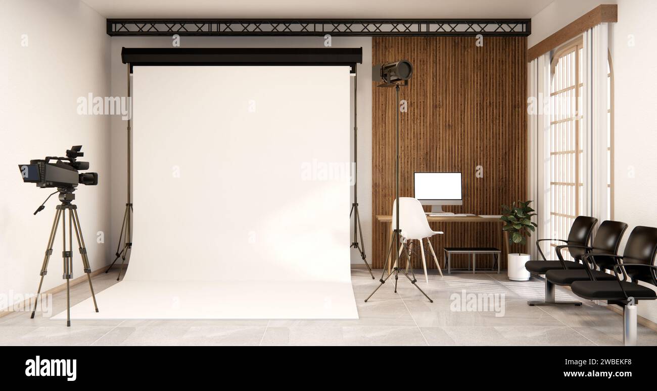 Studio room camera Modern Film Studio with blank white Screen Stock ...