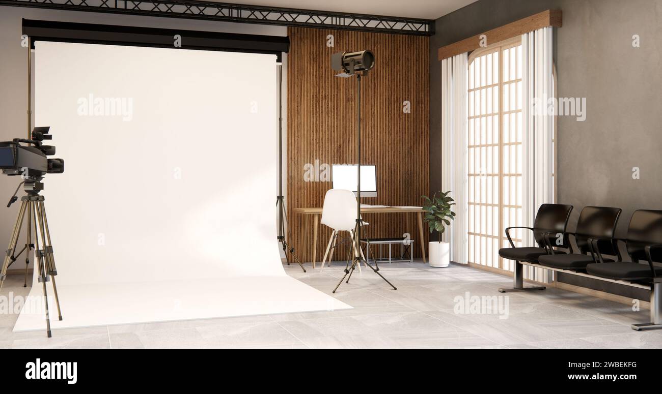 Studio room camera Modern Film Studio with blank white Screen Stock ...