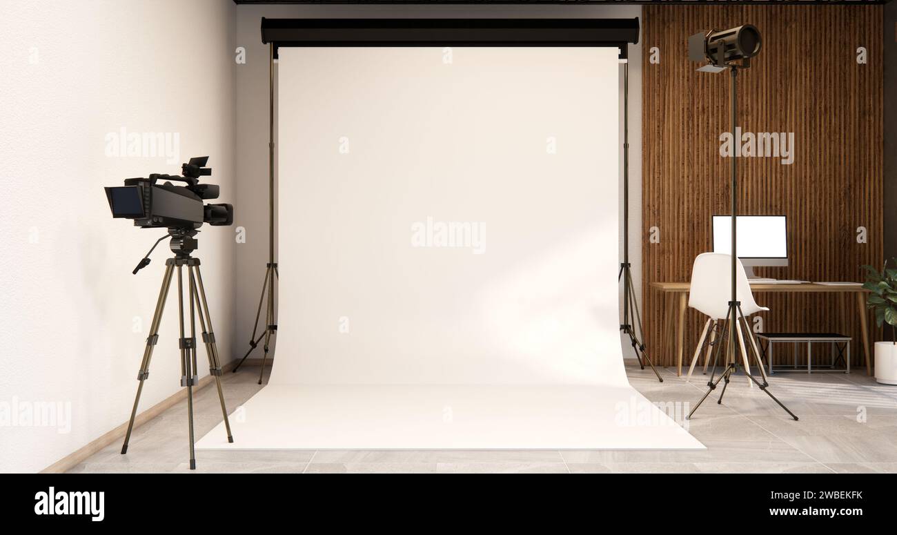 Studio room camera Modern Film Studio with blank white Screen Stock ...