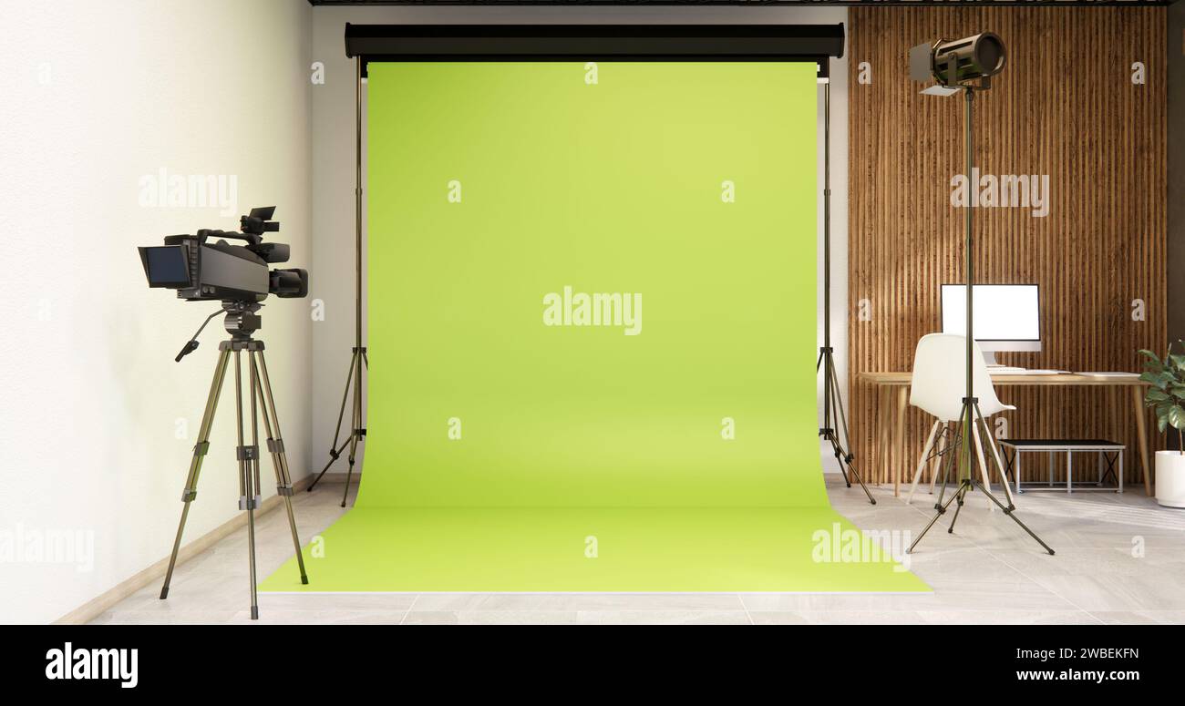 Studio room camera Modern Film Studio with blank white Screen Stock ...