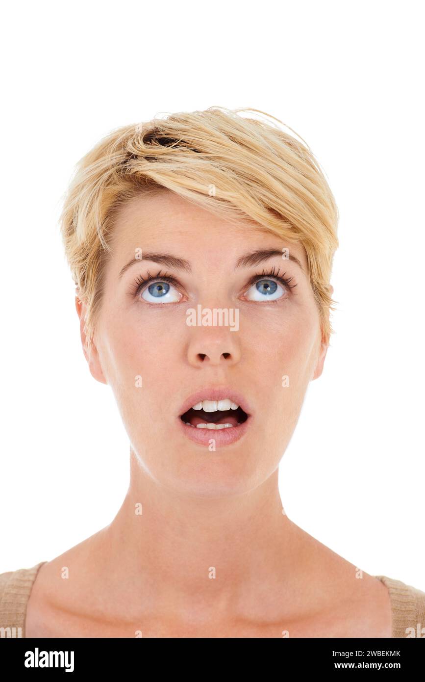 Woman, face and thinking in shock for decision, idea or question on a ...