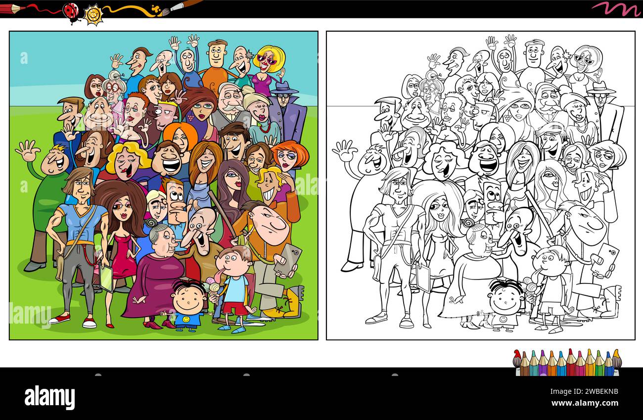 Cartoon illustrations of funny crowd of people comic characters group ...