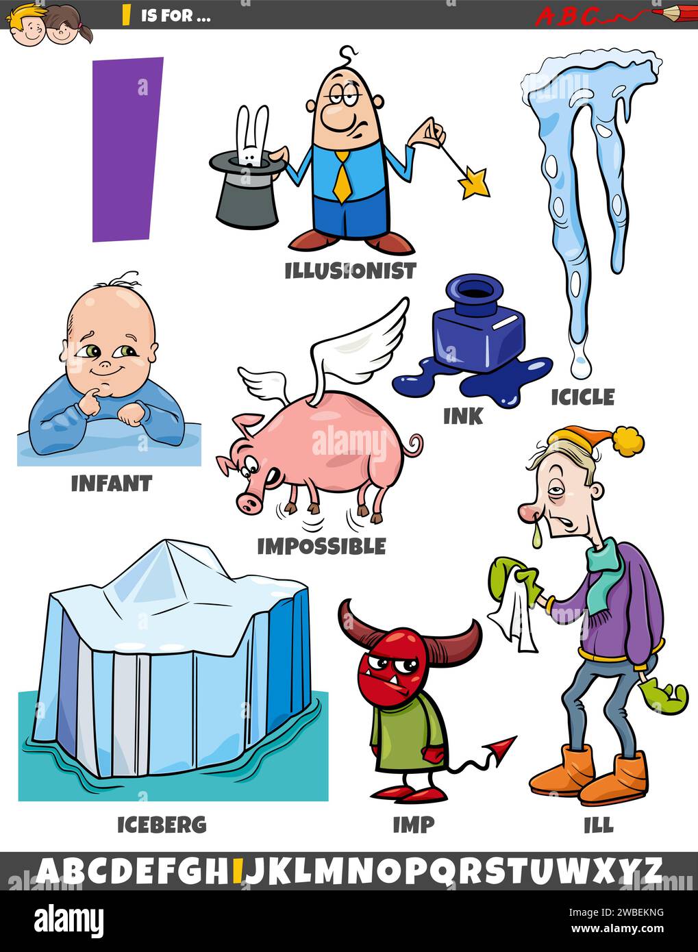Cartoon illustration of objects and characters set for letter I Stock ...