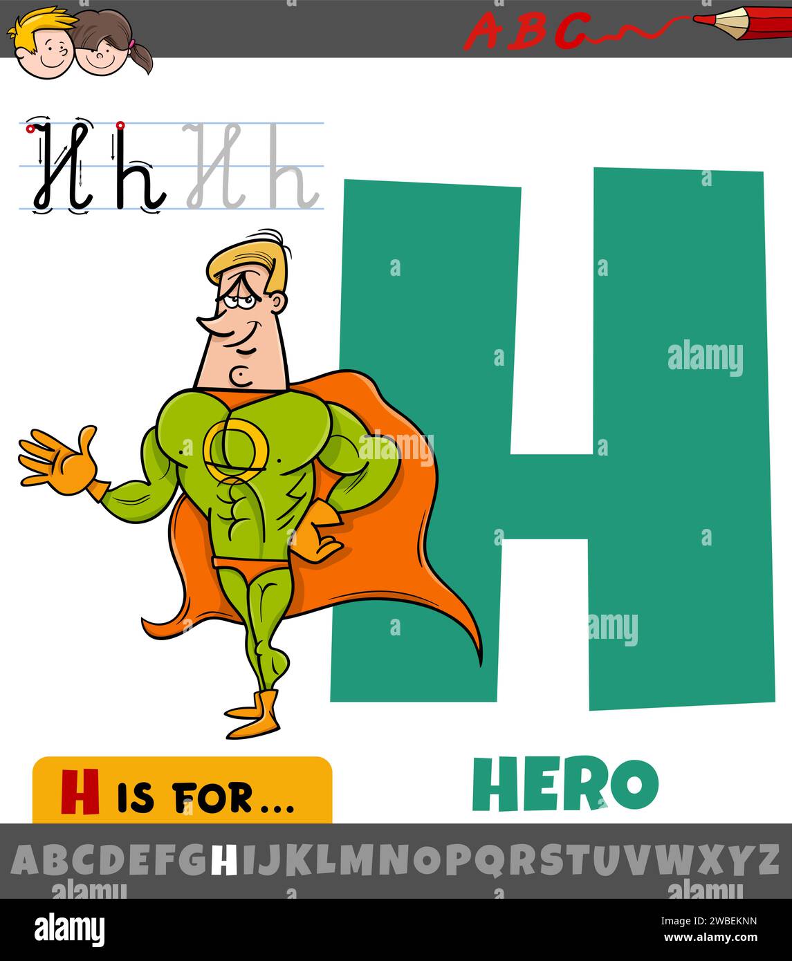 Educational cartoon illustration of letter H from alphabet with hero ...