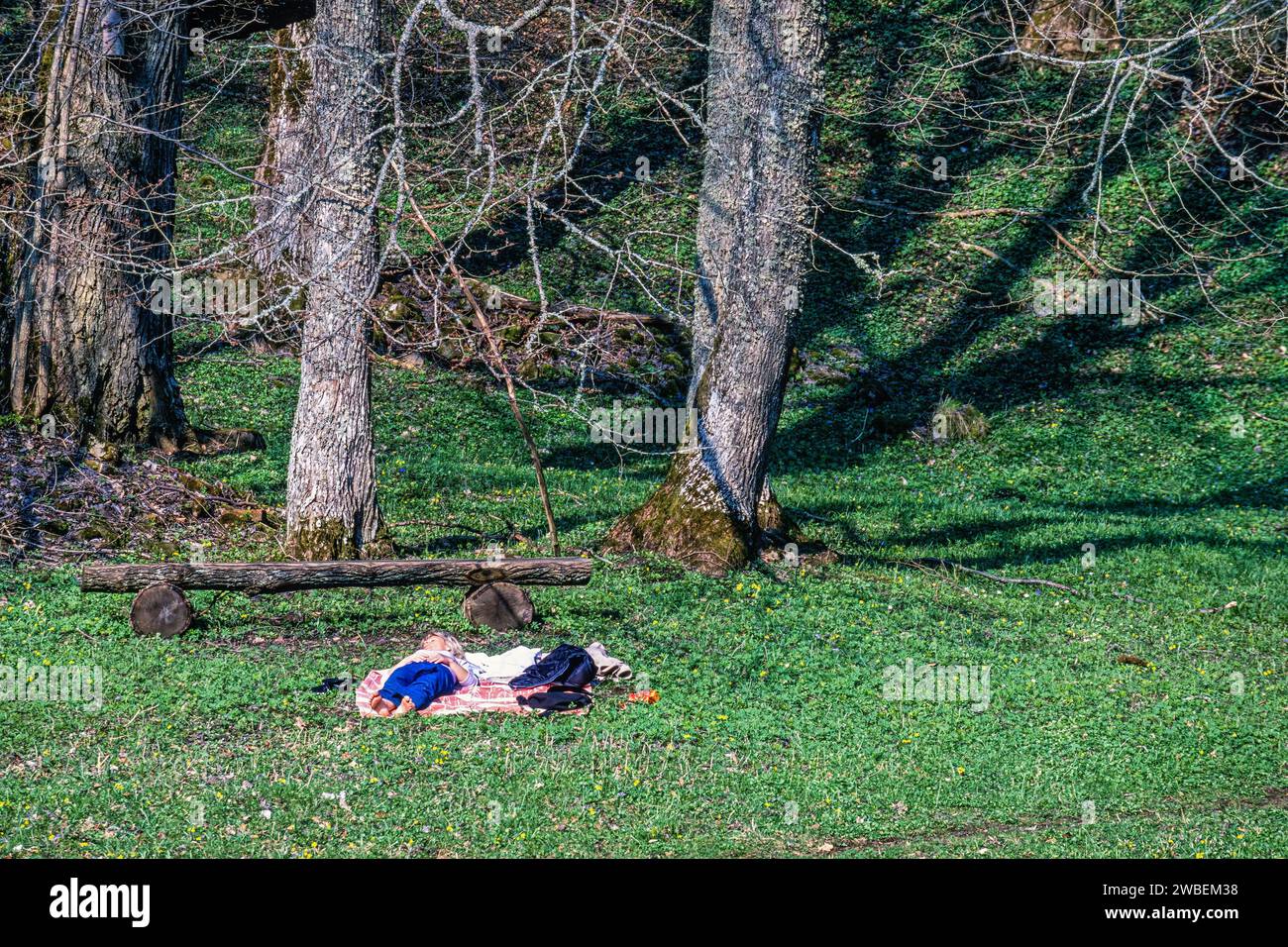 Woman lying and sunbathing on a blanket on a beautiful spring day Stock ...