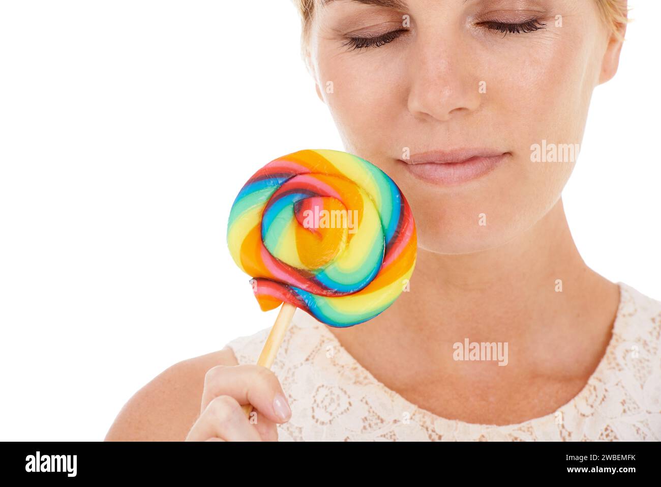 Woman, lollipop and studio or candy sweets snack on white background ...