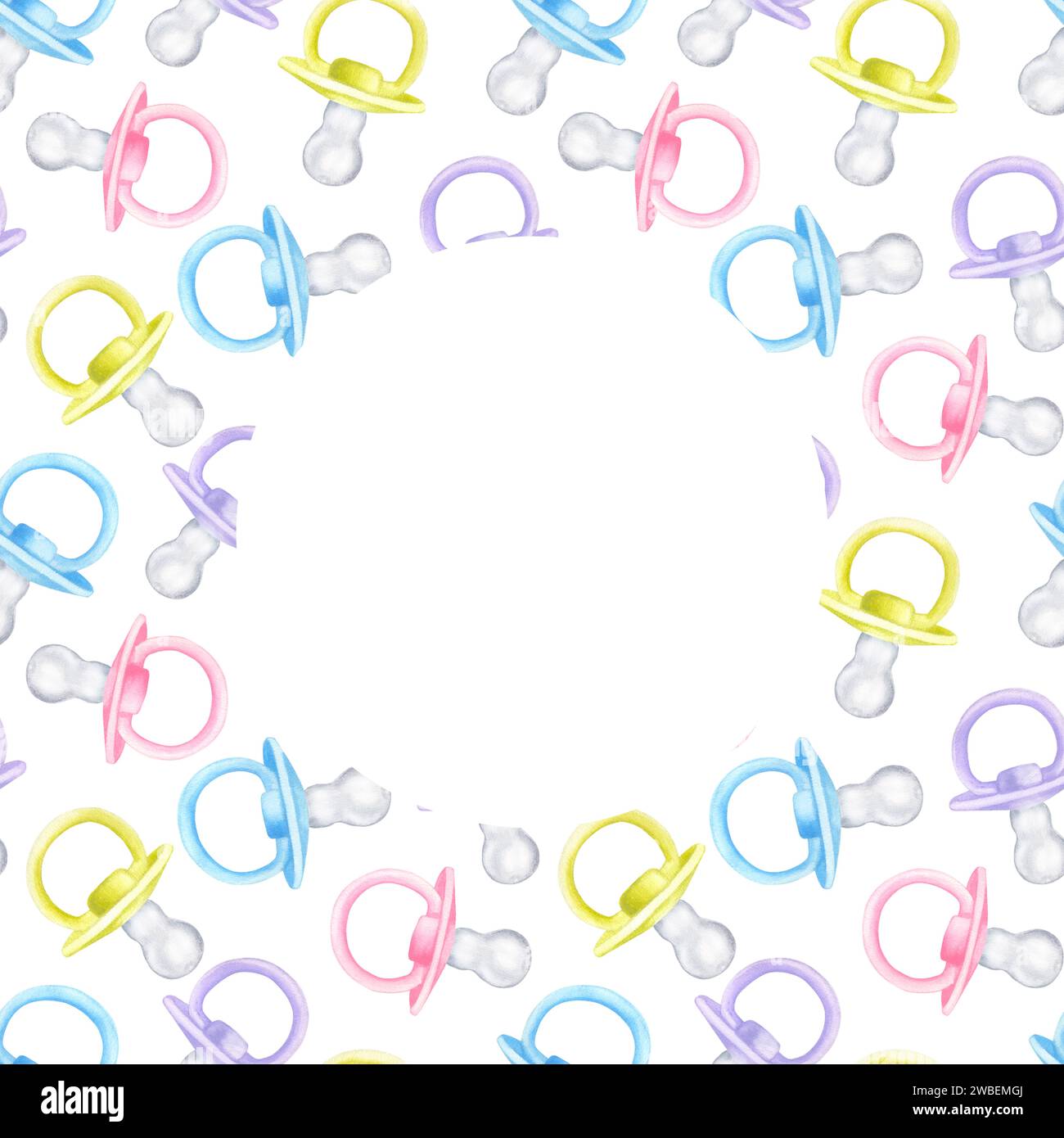 Round frame baby boy girl pacifier dummy. Pink blue violet green. Hand ...