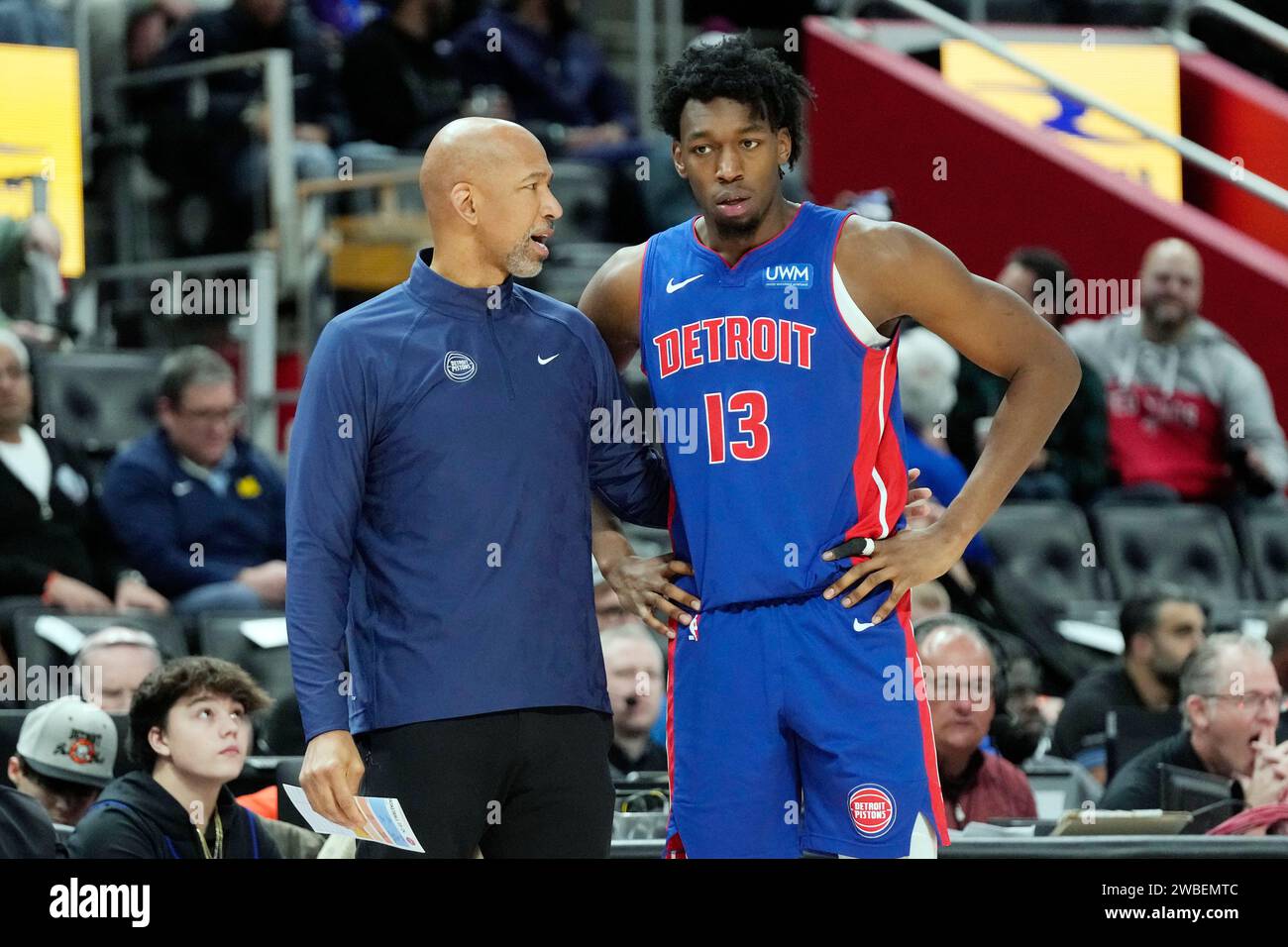 Detroit Pistons head coach Monty Williams talks with center James ...