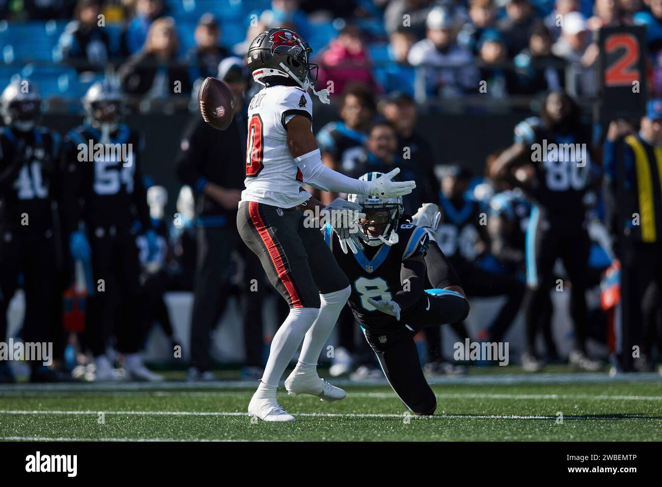 Carolina Panthers cornerback Jaycee Horn (8) breaks up a pass intended ...