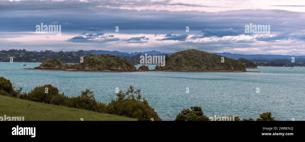 Panorama landscape view across the Bay of Islands from Waitangi Treaty ...