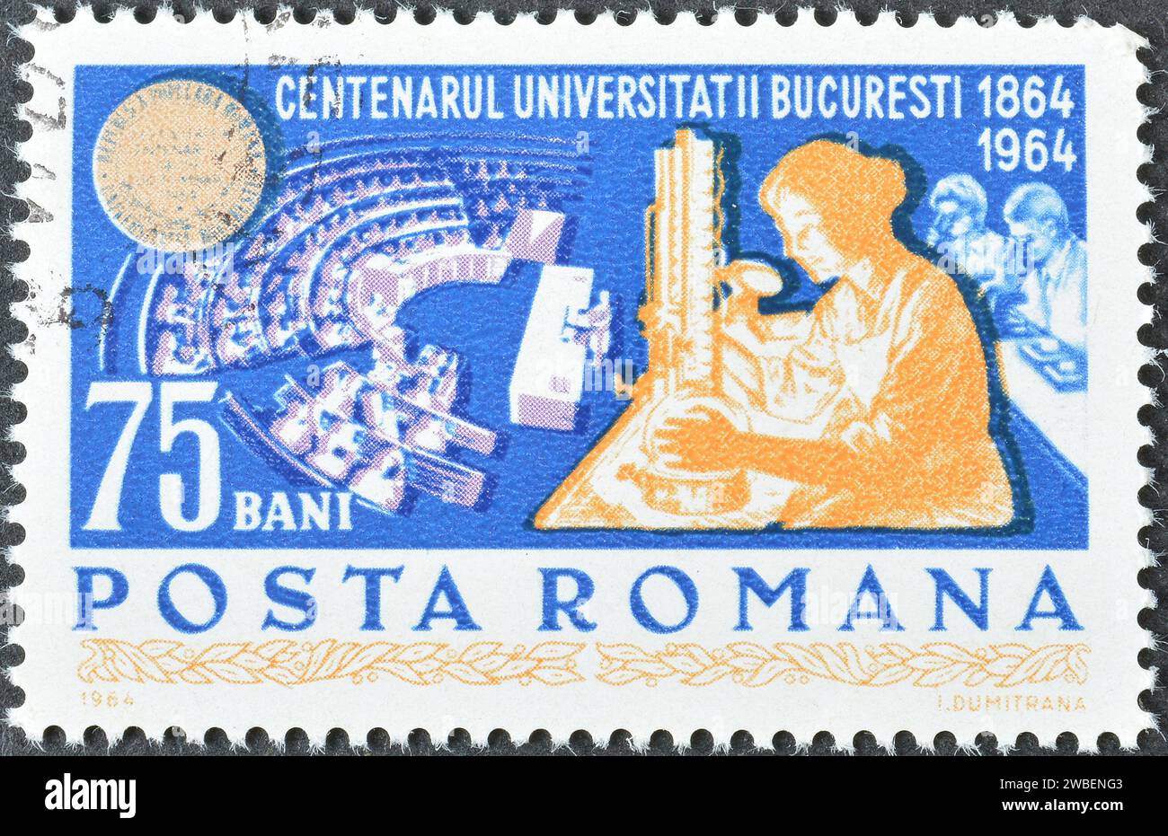 Cancelled postage stamp printed by Romania, that shows Bucharest ...